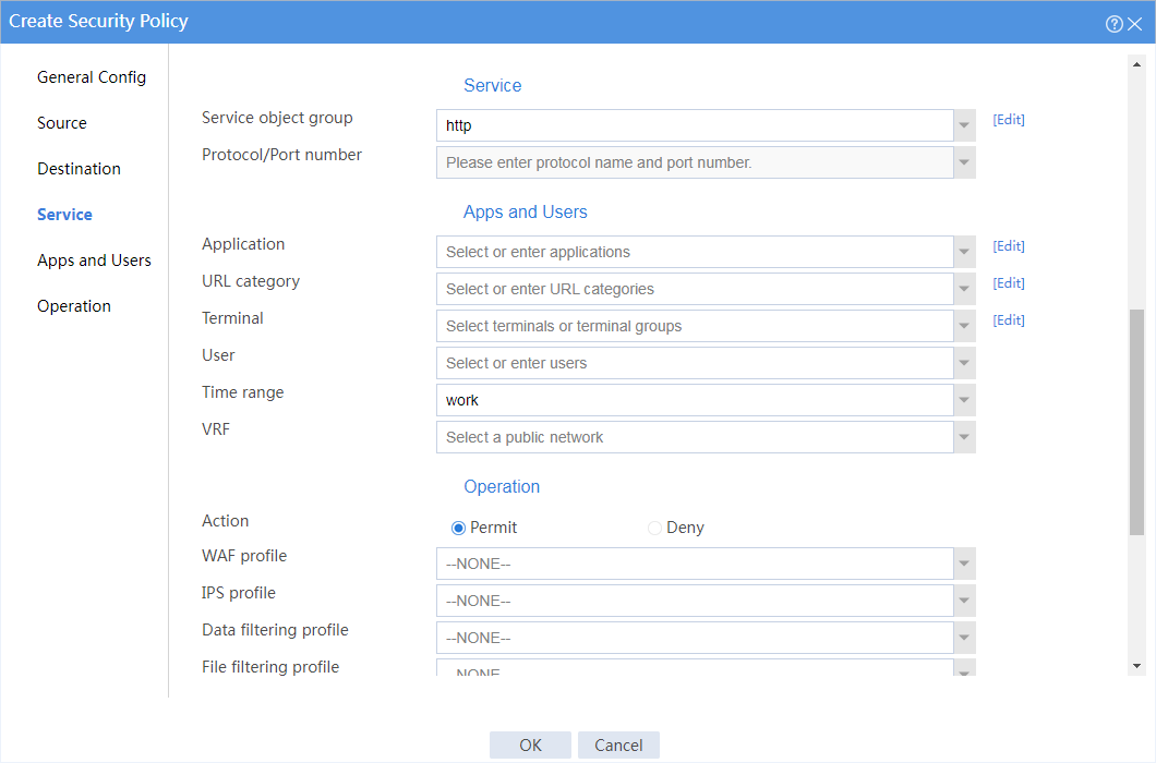 Web example: Configuring basic security policies