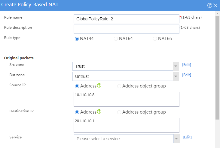 Web example: Configuring static NAT for internal-to-external access (Policy-based NAT)