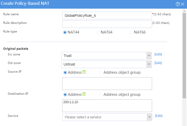 Web example: Configuring dynamic NAT for internal-to-external access (Policy-based NAT)