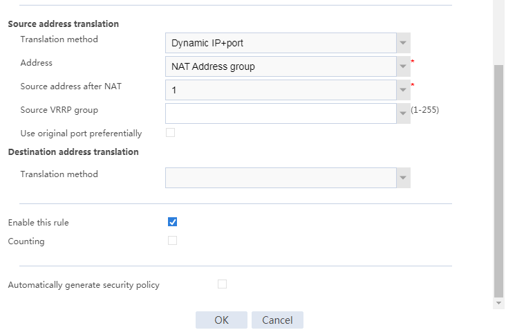 Web example: Configuring dynamic NAT for internal-to-external access (Policy-based NAT)