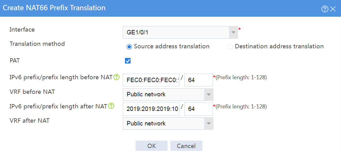 Web example: Configuring IPv6 source prefix translation (single ...