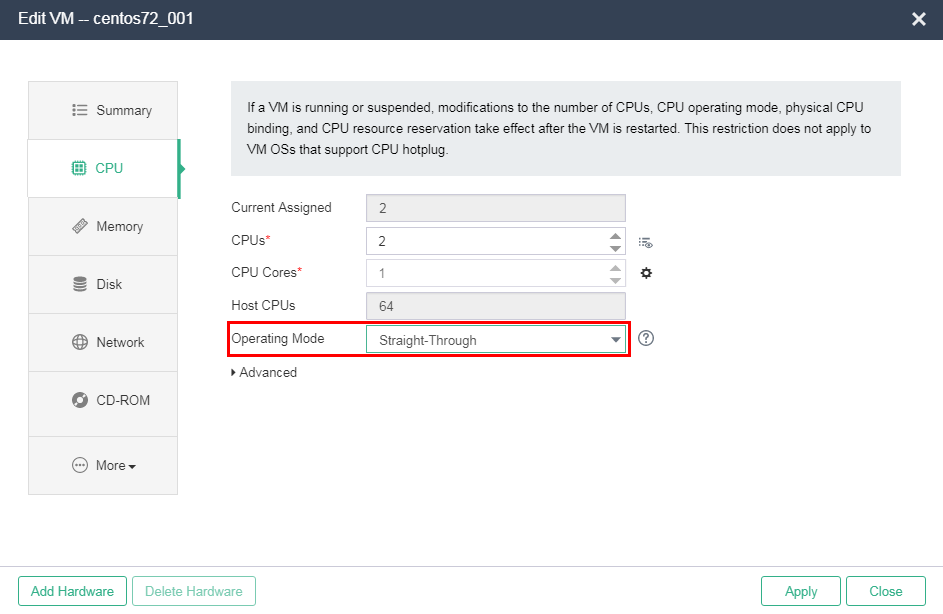 Set the CPU operating mode