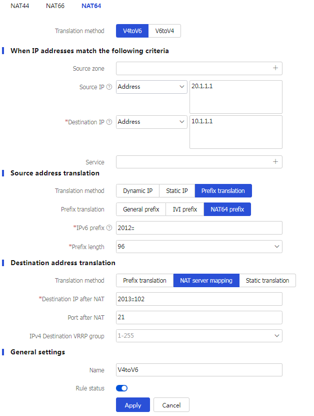 Web example: Providing FTP service from an IPv6 network to the IPv4 Internet (policy-based NAT)