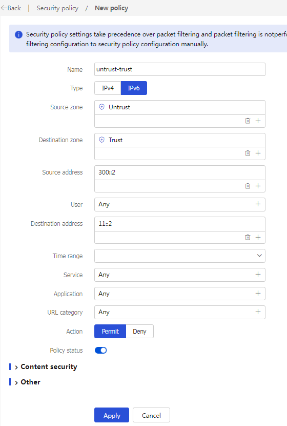 Web example: Configuring IPv6 destination prefix translation (policy-based NAT)