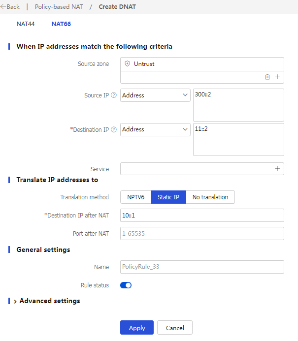 Web example: Configuring IPv6 destination prefix translation (policy-based NAT)