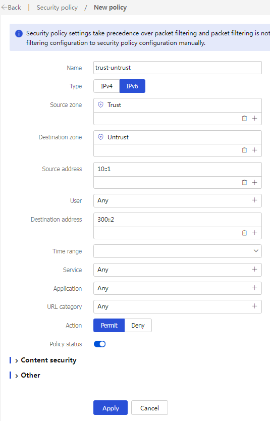 Web example: Configuring IPv6 source prefix translation (policy-based NAT)