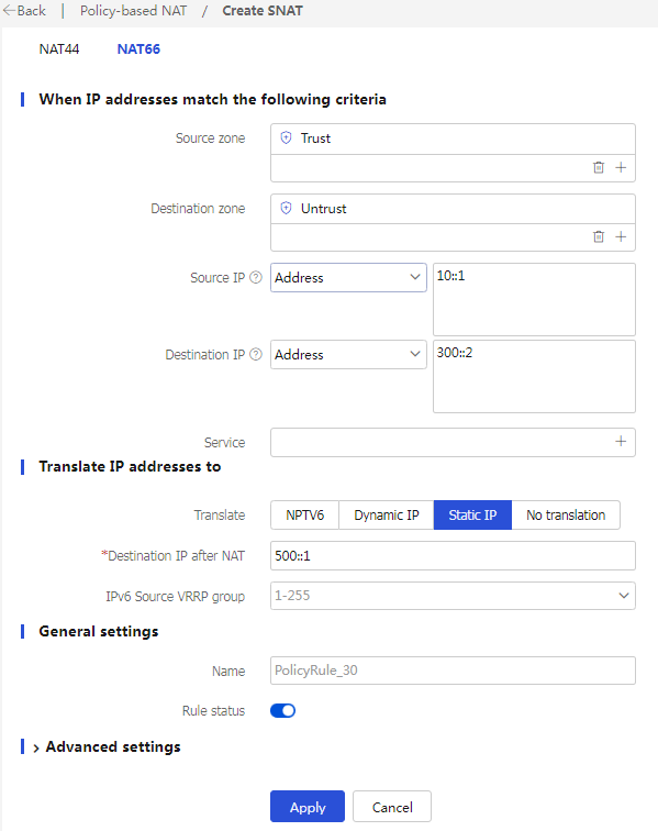 Web example: Configuring IPv6 source prefix translation (policy-based NAT)